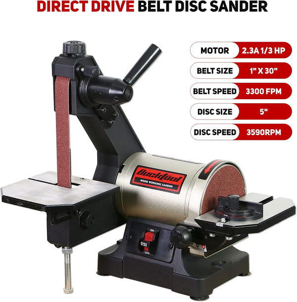 BUCKTOOL 1x30 Inch Bench Belt Sander with 5 Inch Disc with Wrench Stor
